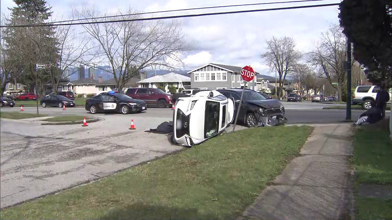 1 in hospital after roll-over crash on Vancouver's Boundary Road